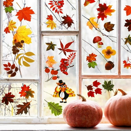 8 Sheets Fall Leaves Window Clings Thanksgiving Fall Autumn Leaves ...
