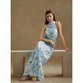 Blue Floral Print A-Line Halter Neck Pleated Maxi Dress With Waist Tie ...