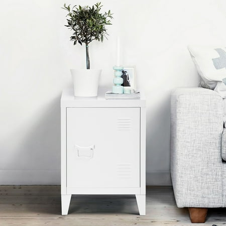FurnitureR Metal Locker Nightstand Side Table Storage, White | EstoreInfo