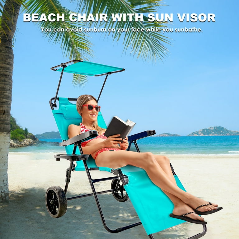 ABORON Folding Beach Chair for Adults Heavy Duty Beach Chair with Canopy Shade Foldable Beach Lounge Chair with Footrest 2 in 1 Beach Chair with