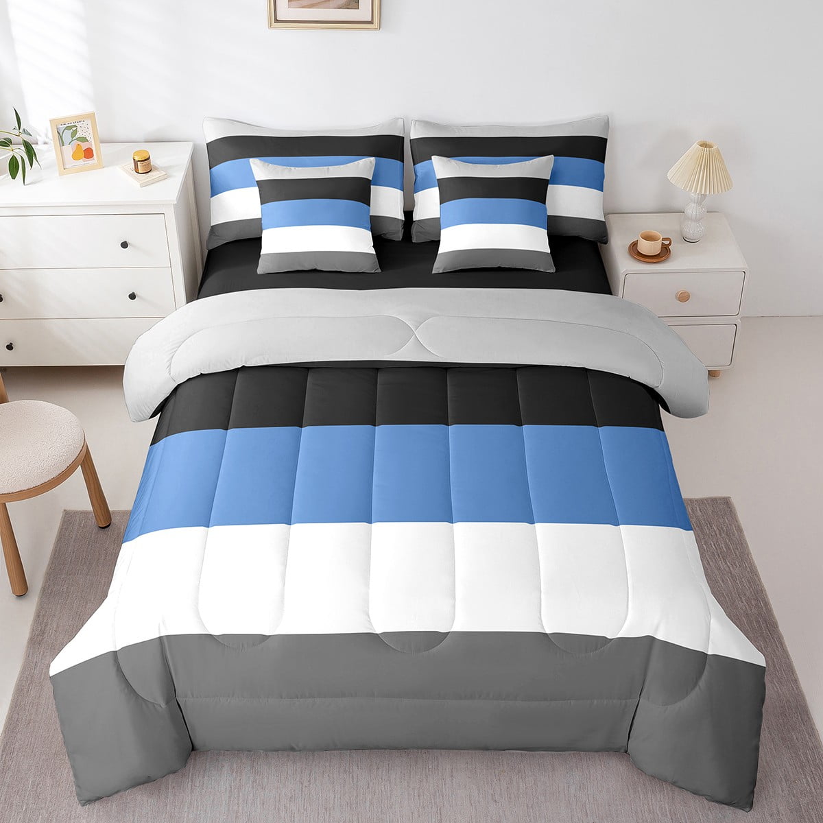 YST Patchwork Striped Bed In A Bag Queen Boys Blue Black Dark Gray ...