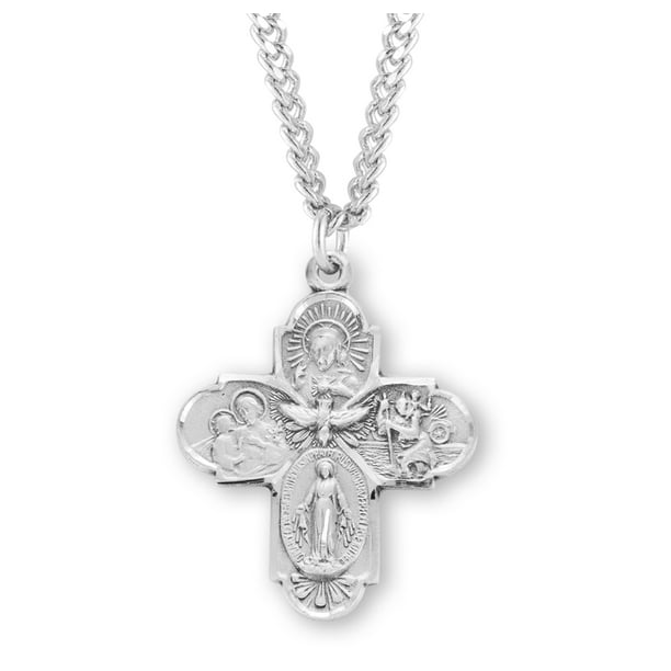 Catholic 4-Way Medal Cross Cruciform Pendant with Miraculous Medal, St ...