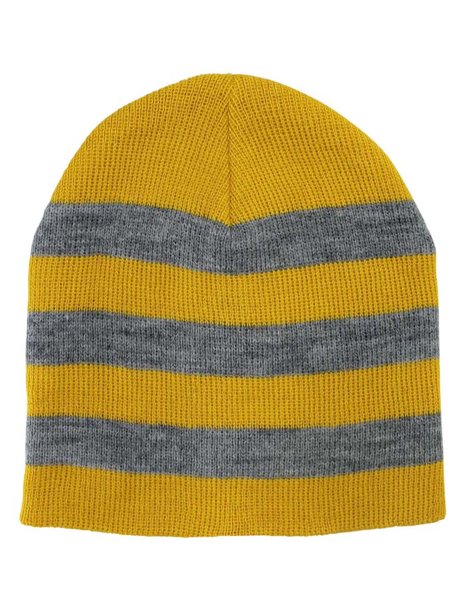 Yellow & Gray Tight Fitting Striped Knit Beanie Cap - Walmart.com