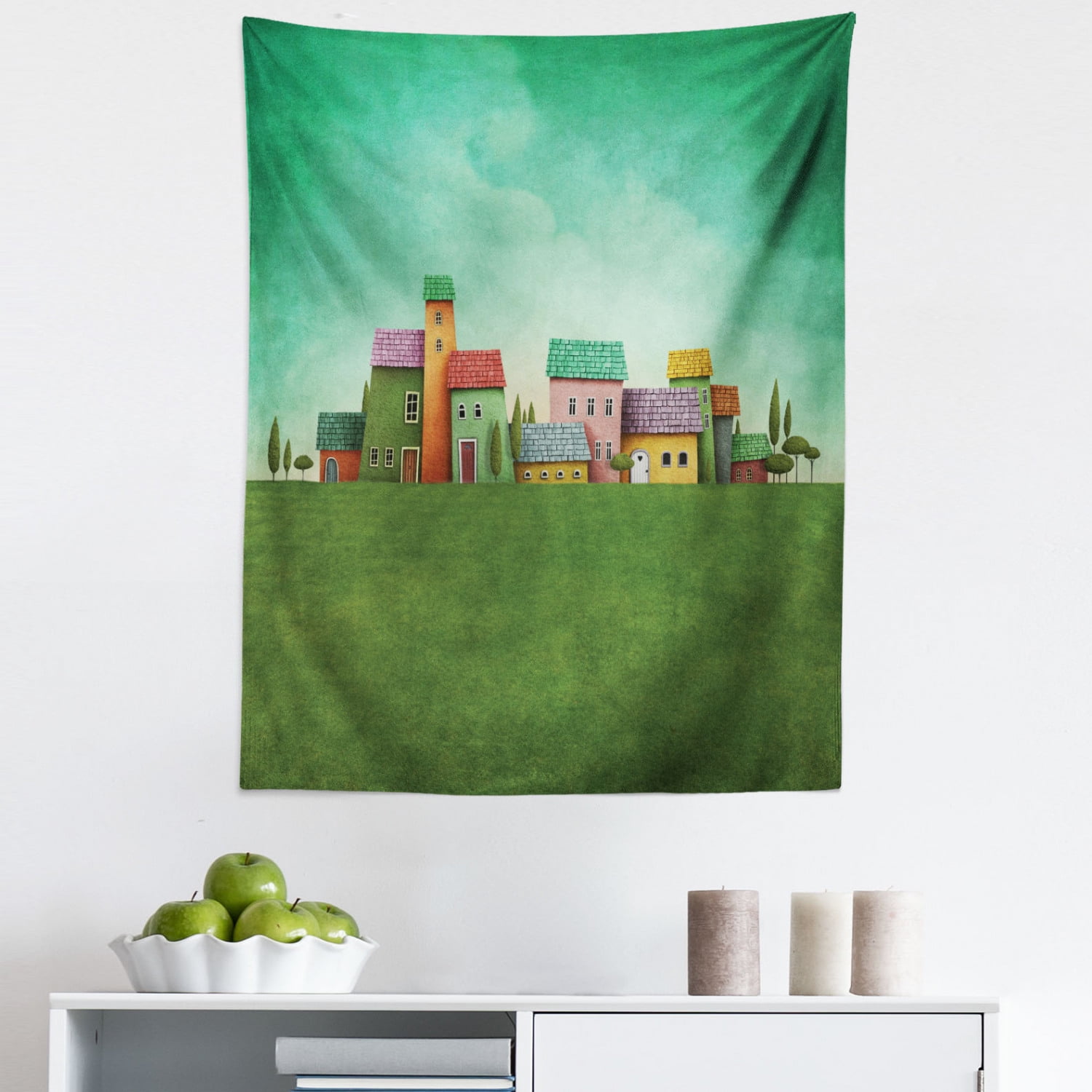 Mural Tapestry, Village of Abstract Shaped Colorful Housesnd Bushy ...