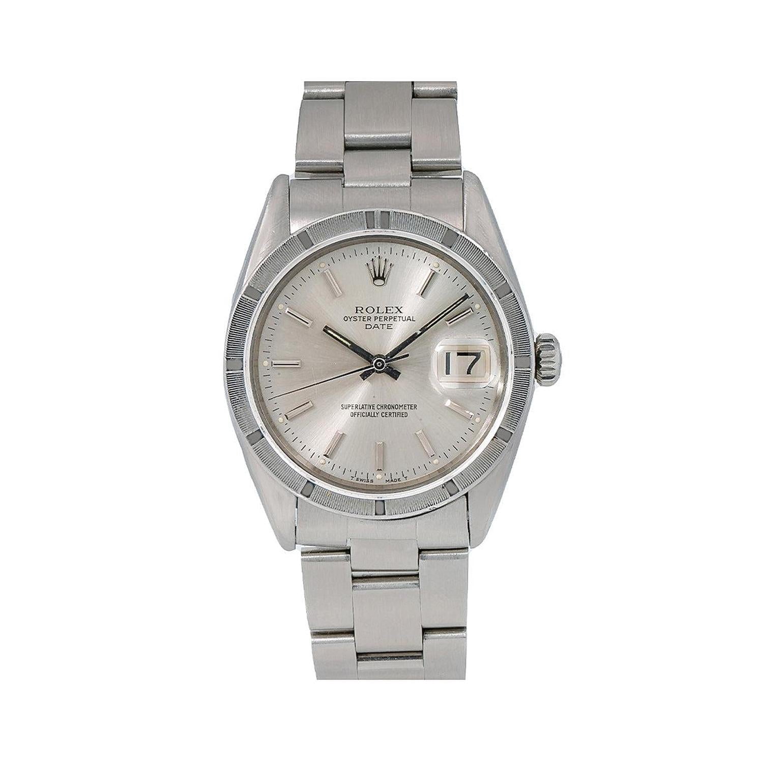 Pre-Owned Rolex Date 34MM 1501 Silver Dial Engine Turned Bezel ...
