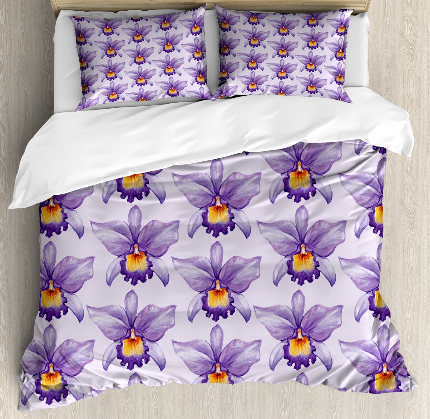 Violet Duvet Cover Set Queen Size, Tropical Orchid Flowers Watercolor ...