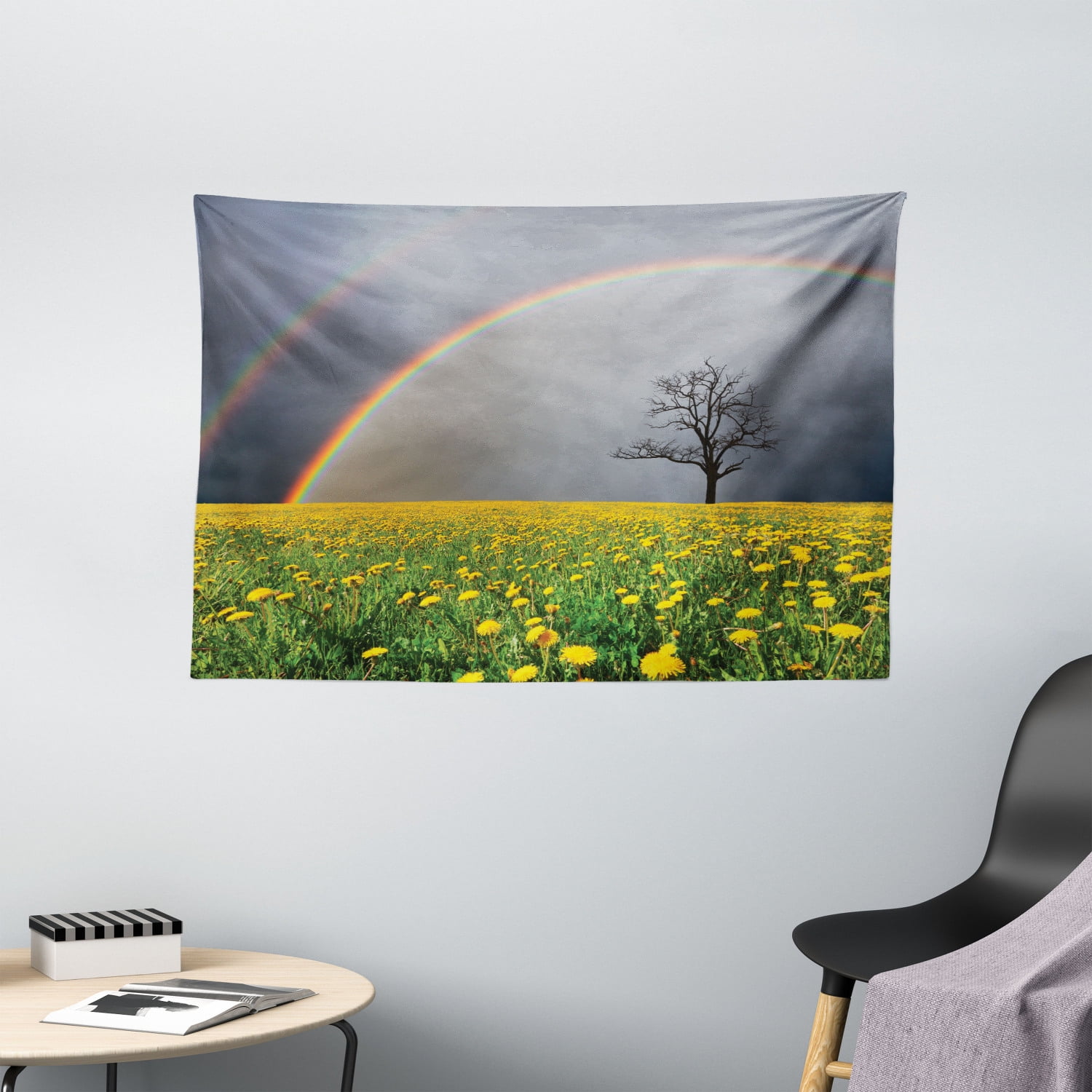 Rainbow Tapestry, Dandelion Field and Lonely Barren Tree under Cloudy ...