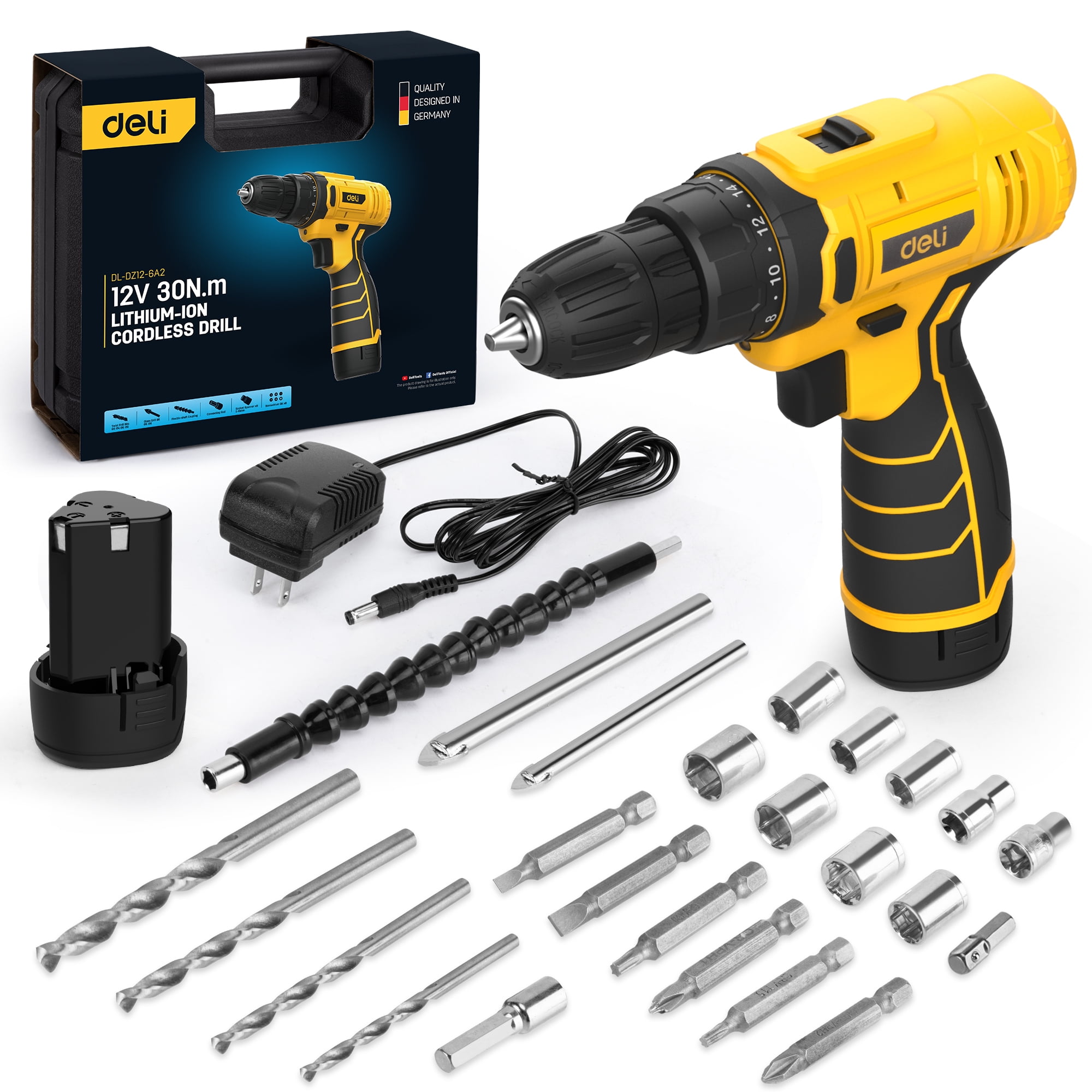 Deli 12V Max Lithium-Ion Cordless Drill Driver Set, 30N.m Electric ...