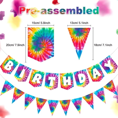 2 Pieces Tie Dye Birthday Party Supplies Happy Birthday Pennant Banner ...