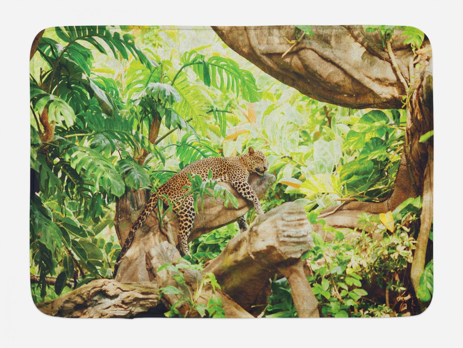 Safari Bath Mat, Leopard on the Branch in Savannah Exotic Macro ...