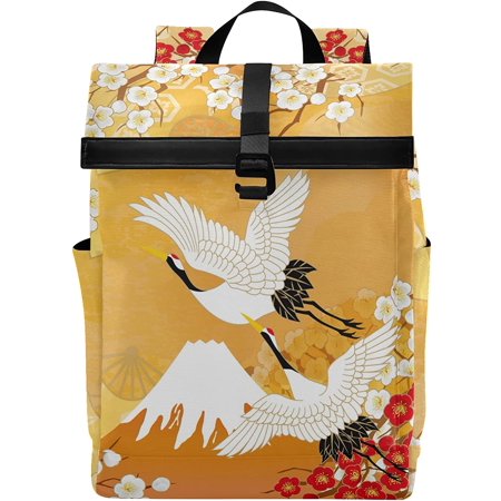 Japanese Beautiful Flower Crane Backpack Roll Top Daypack Laptop Work ...