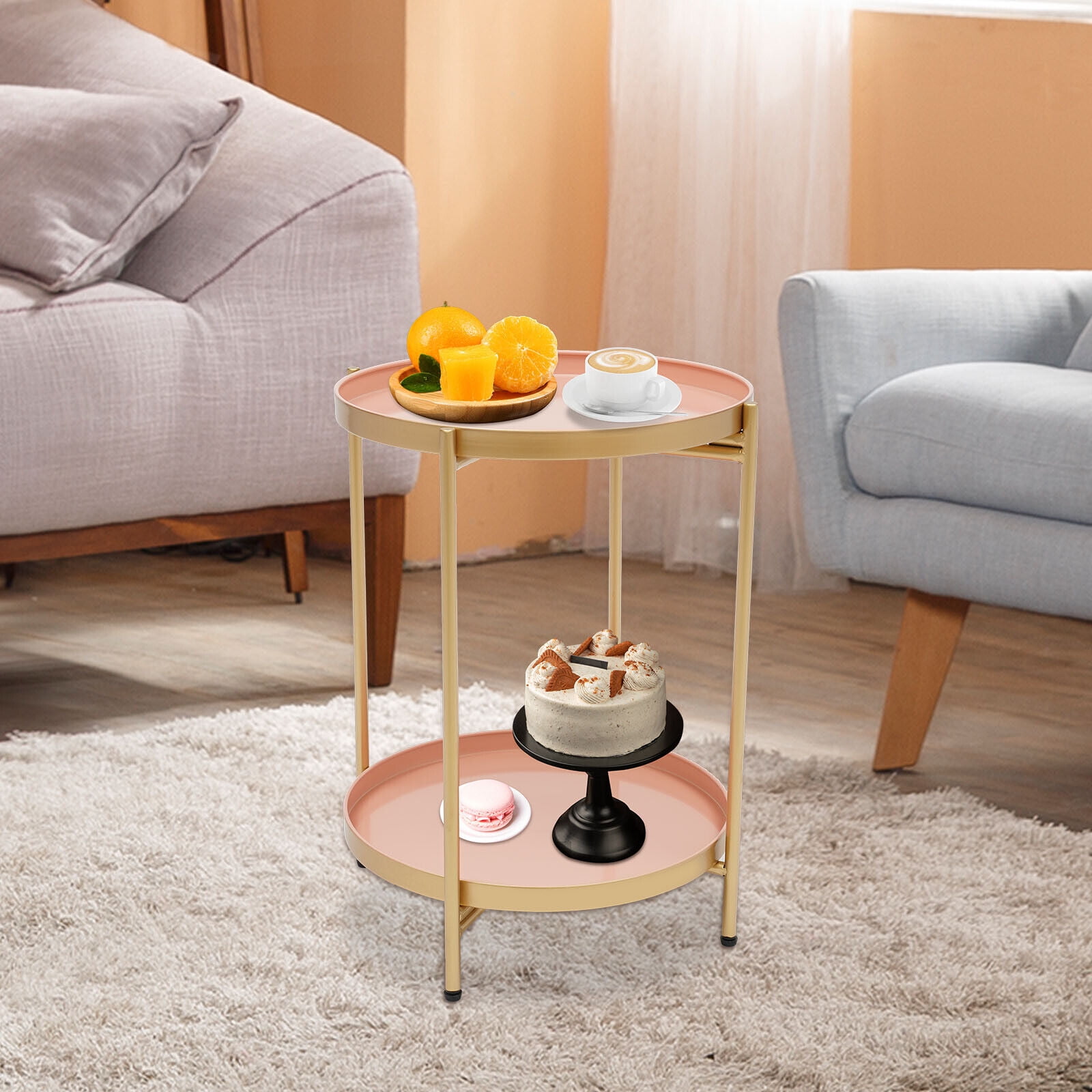 Folding 2-Tier Metal Round Side Table, Removable Tray, Golden Pink ...