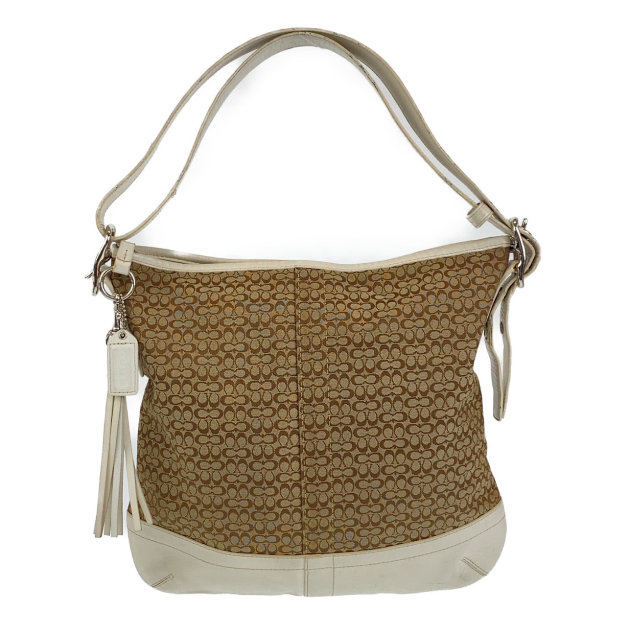 Pre-Owned COACH Signature Beige White Silver Hardware Leather Canvas ...