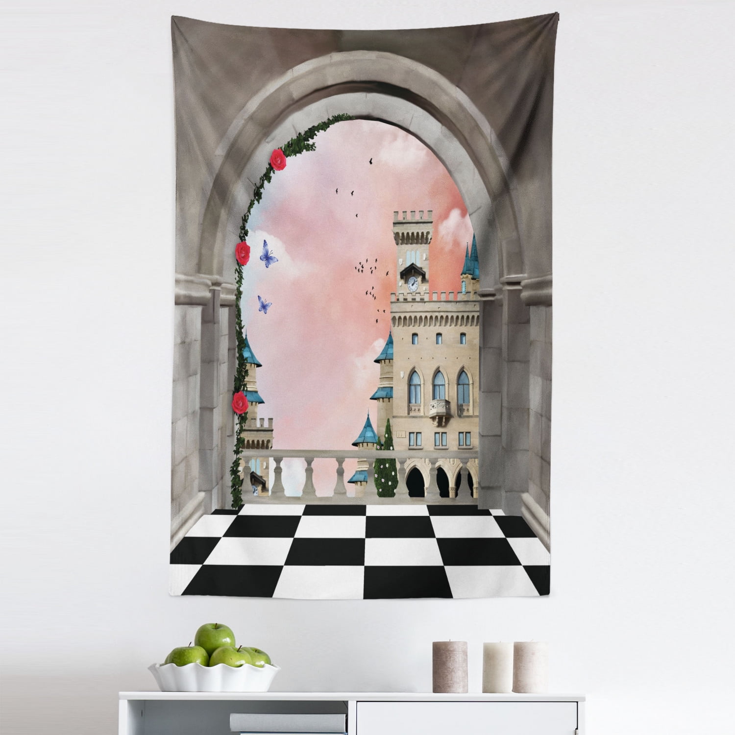 Fantasy Tapestry, Castle Balcony Checkered Floor Pattern Medieval ...