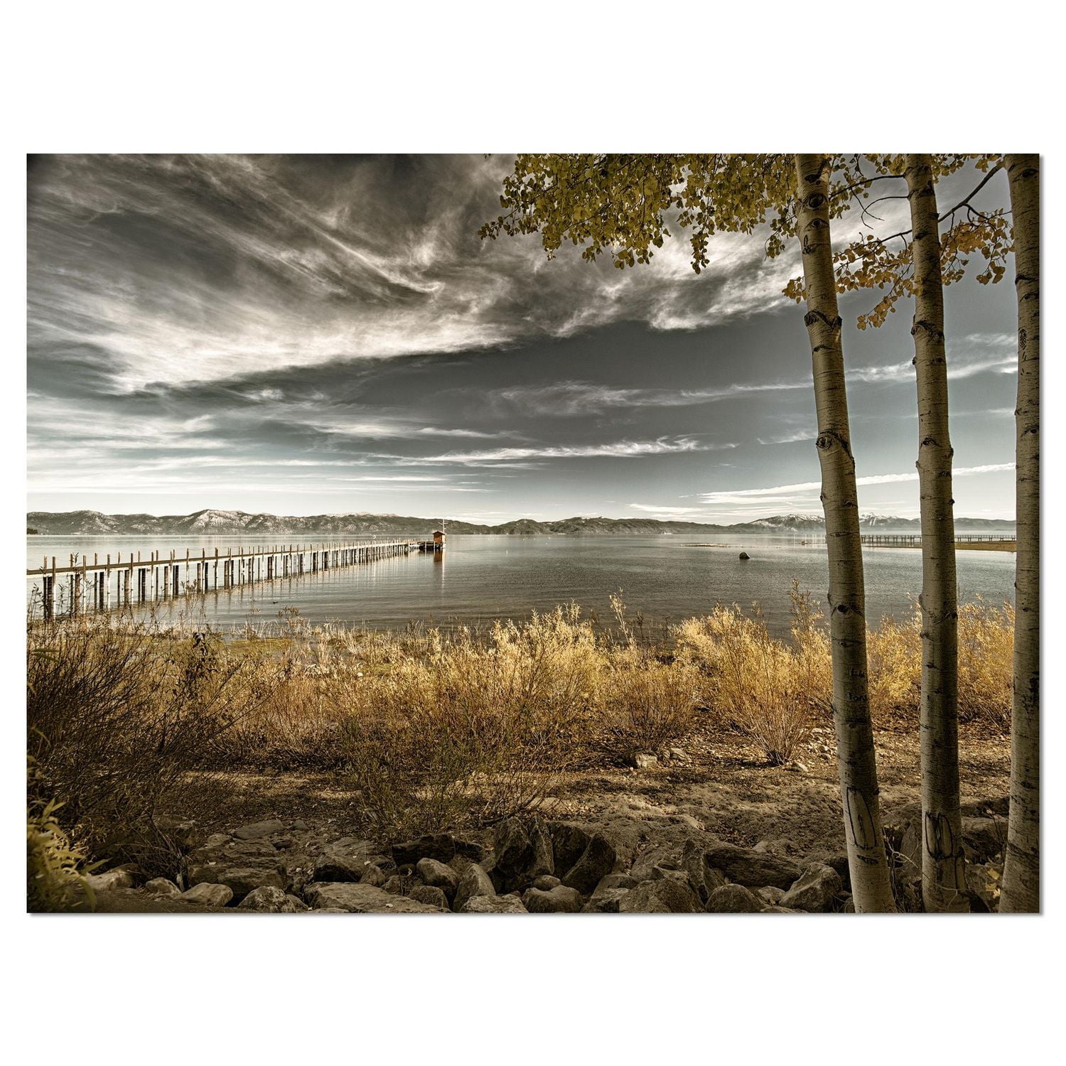 Click here for Designart Pier In Brown Lake Canvas Wall Art 40 X... prices