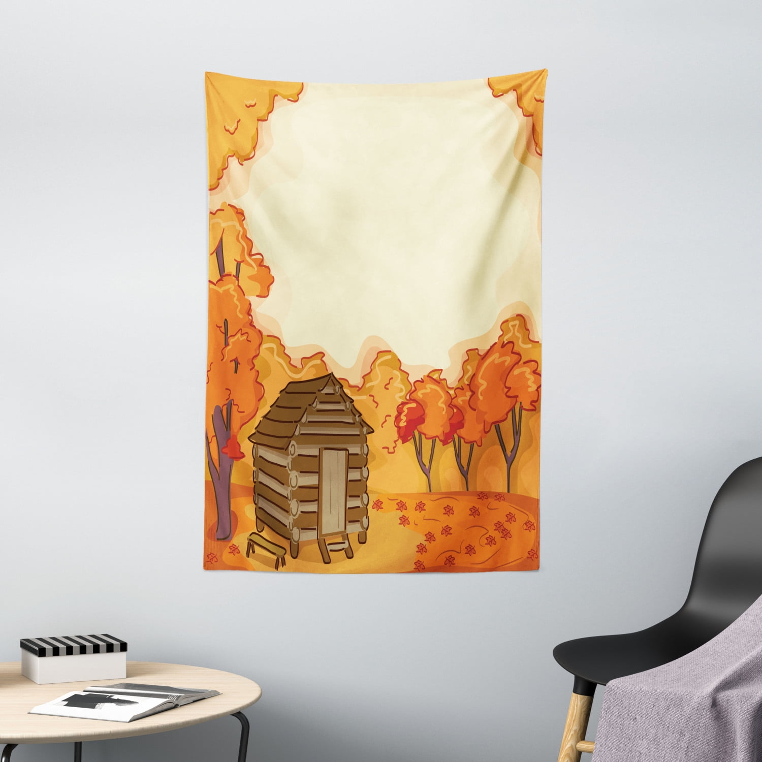 Log Cabin Tapestry, Autumn Illustration of a Old Rustic Lodge ...