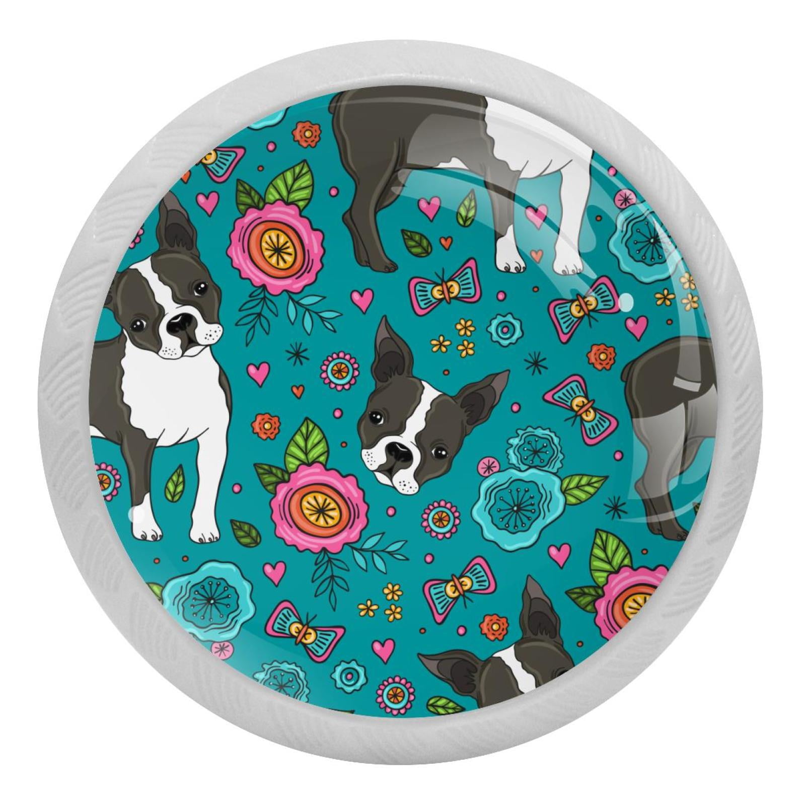 4PCS Round Boston Terrier and Flowers Cabinet Fluorescence Knob Glowing ...