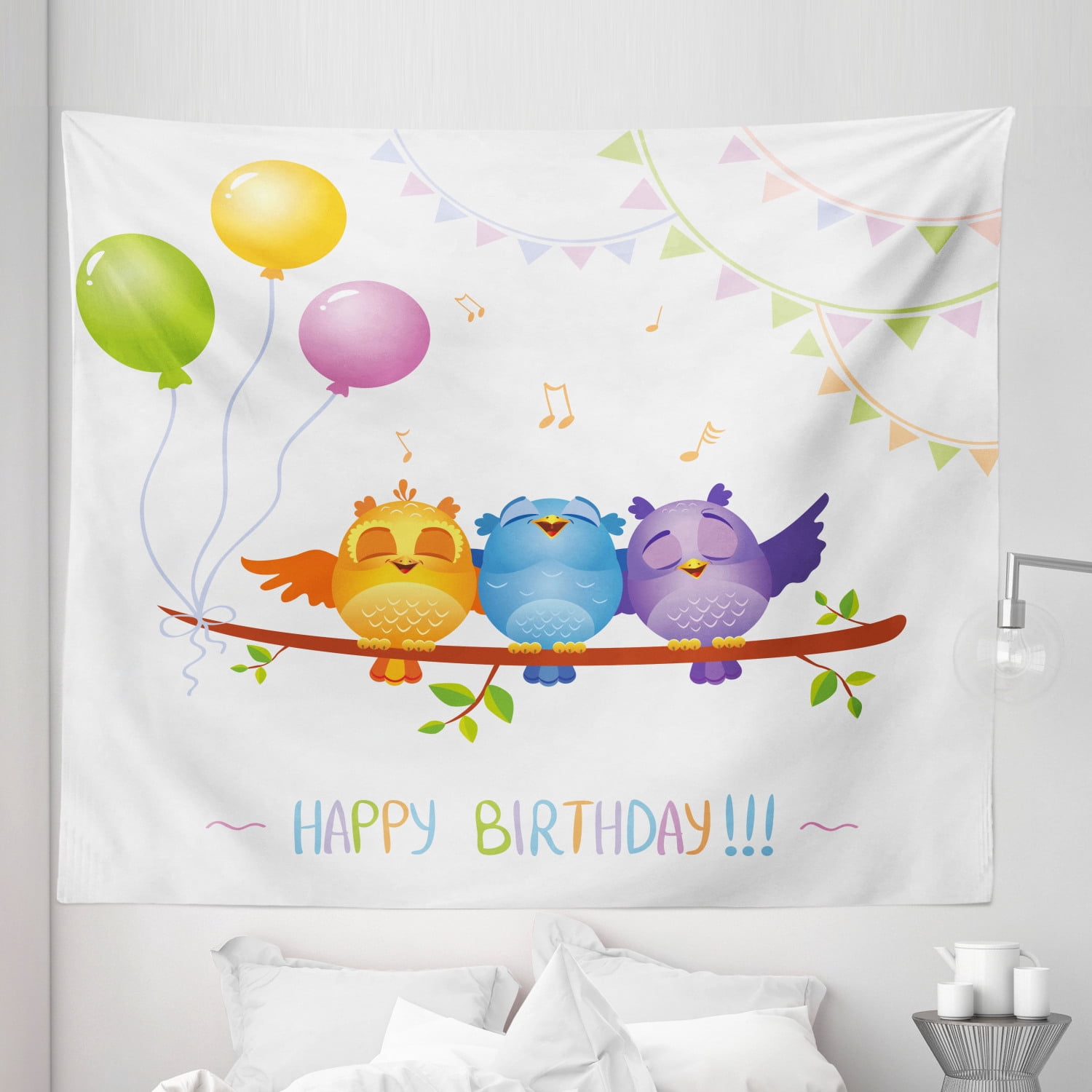Birthday Party Tapestry, Celebration Owls Sitting on a Branch with ...