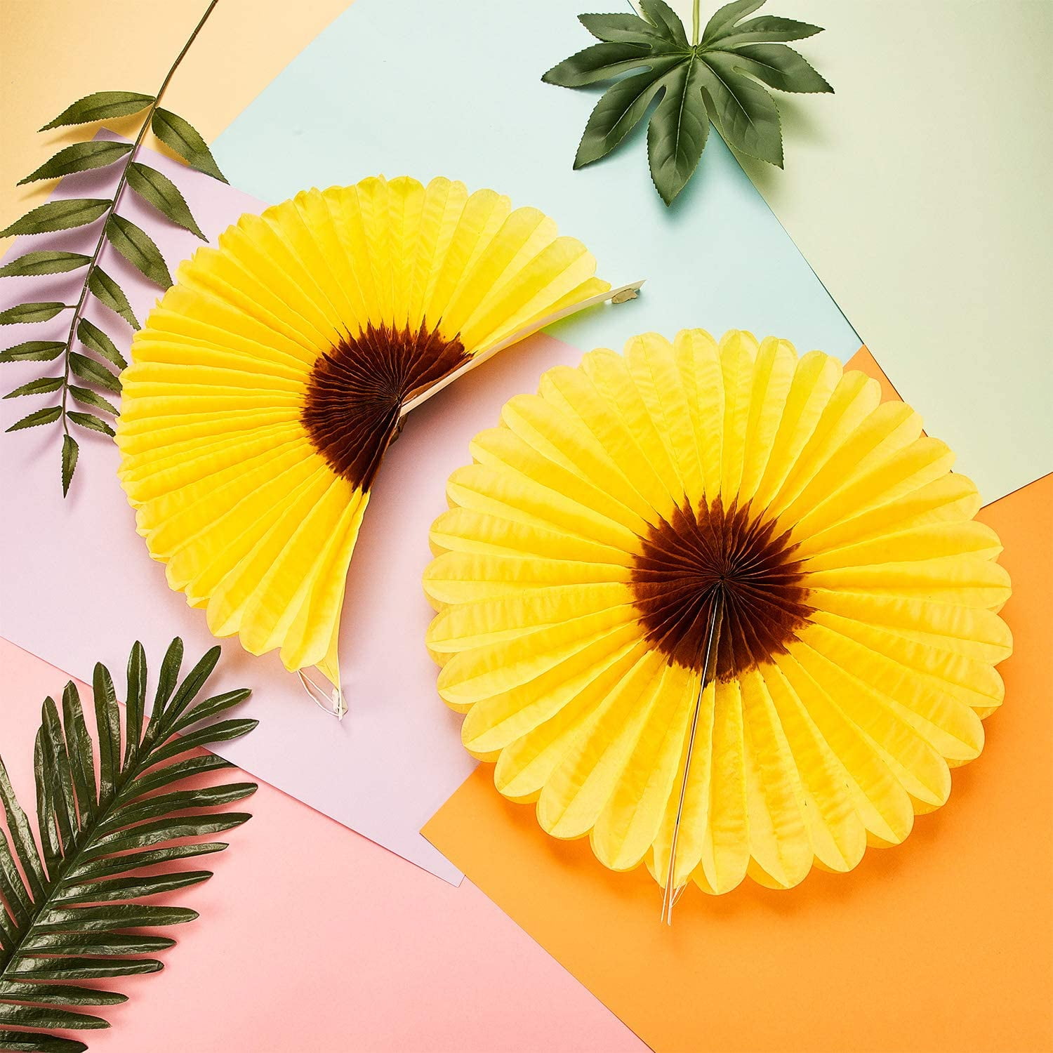 Paper Fans, 12 Pieces Sunflower Tissue Papper Fan Yellow Hanging Fans ...