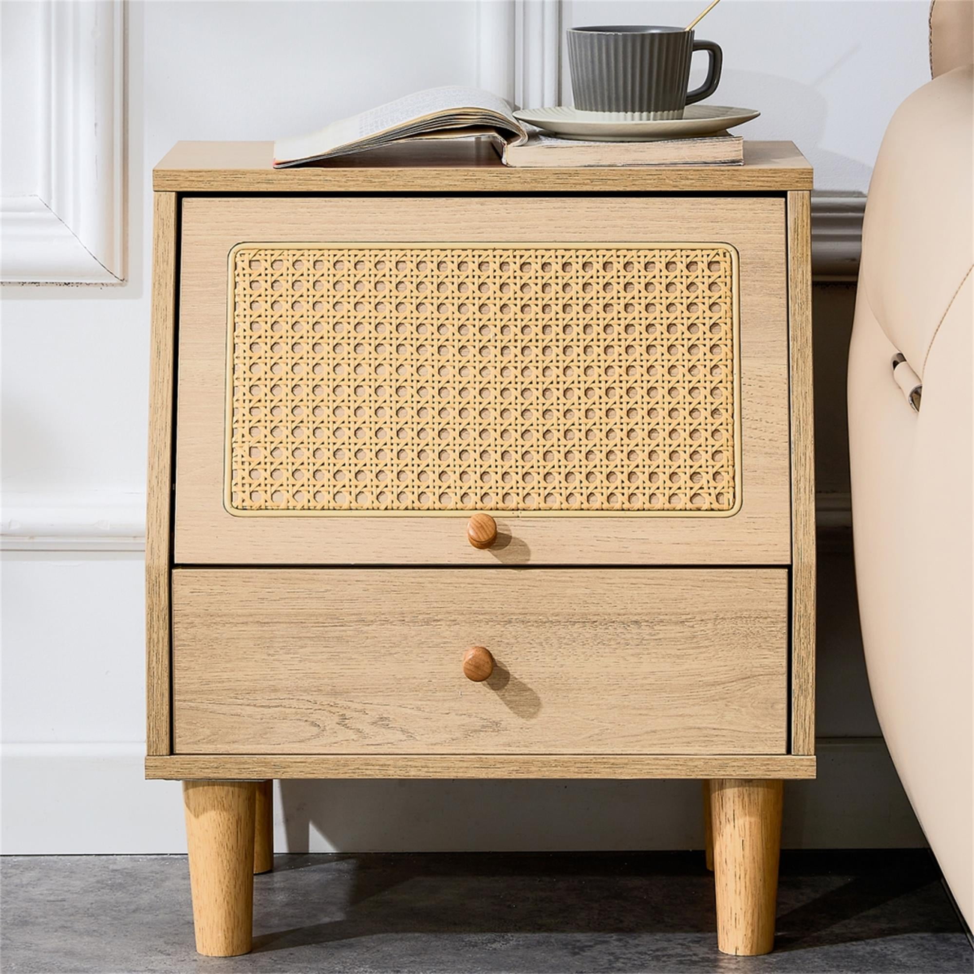Canddidliike Modern Bedside Nightstand with Rattan Drawers, 2 Drawer ...