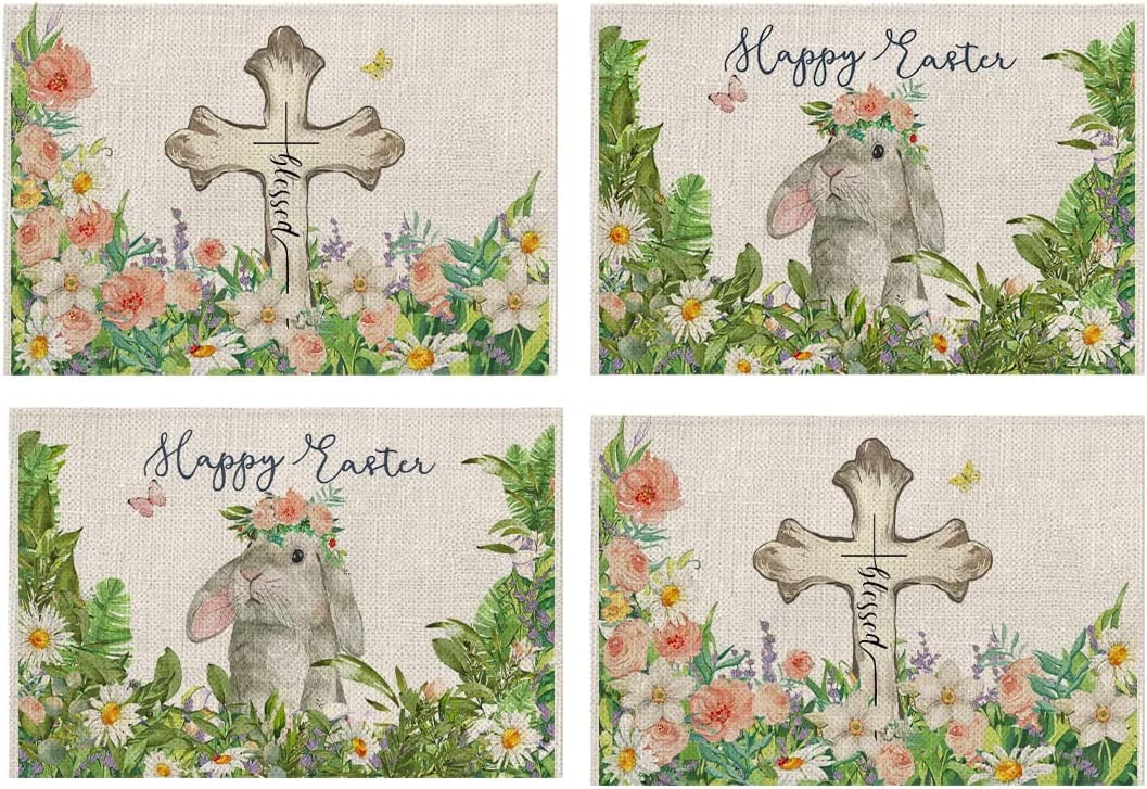 SPXUBZ Easter Placemats, Happy Easter Floral Cross Bunny 18x12 Inch ...