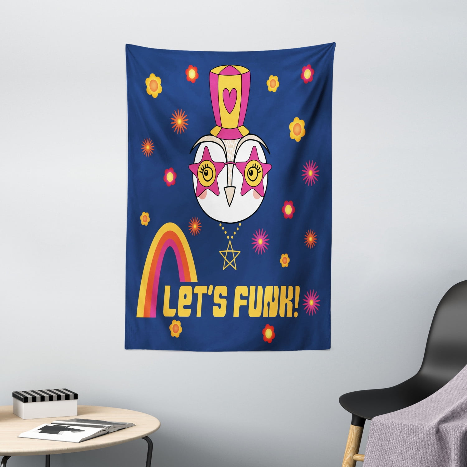 Funny Words Tapestry, Cartoon Owl in a Funky Hat Star Shaped Glasses ...
