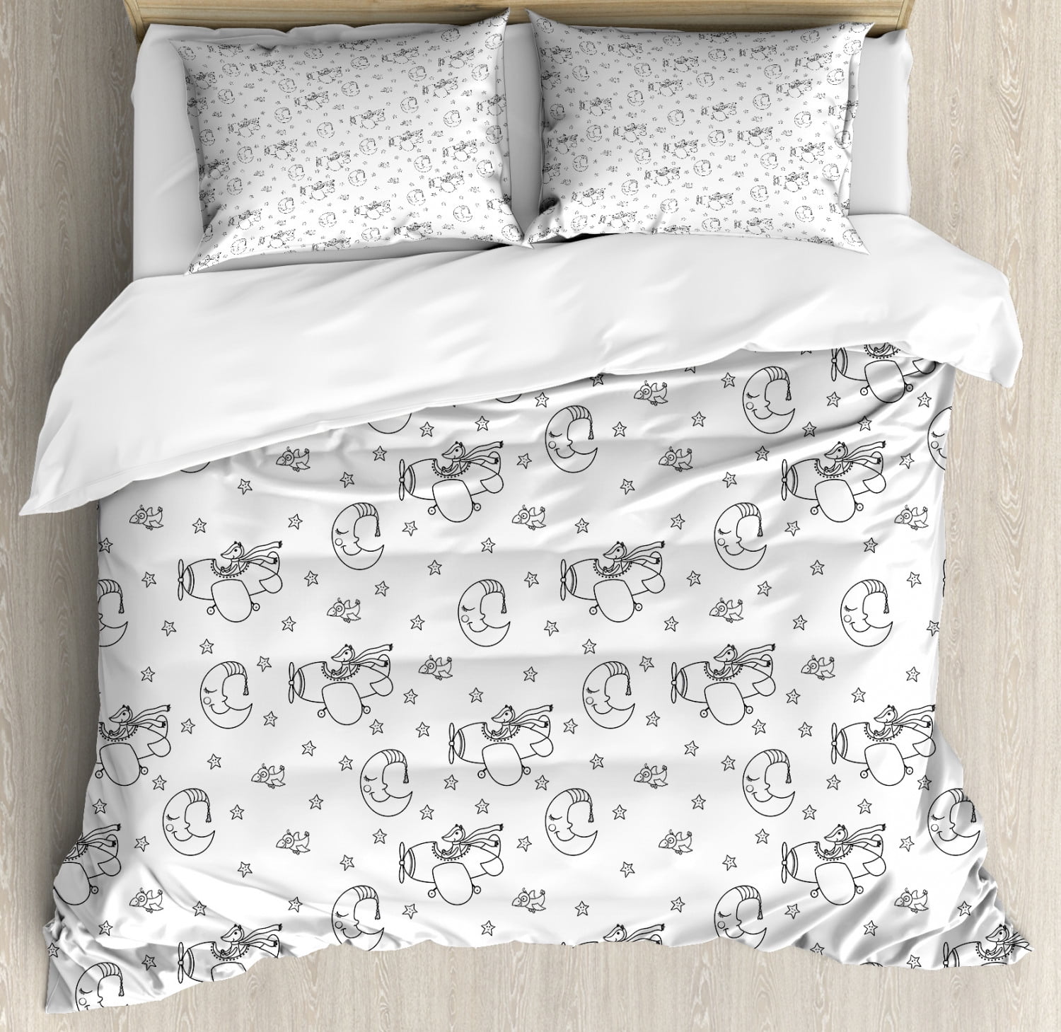 Airplane Queen Size Duvet Cover Set, Restful Good Night Theme Pattern ...