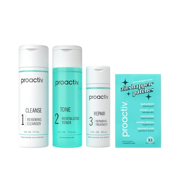 Kit de tratamiento para el acné Proactiv de 3 pasos con parches para espinillas, 90 días ...