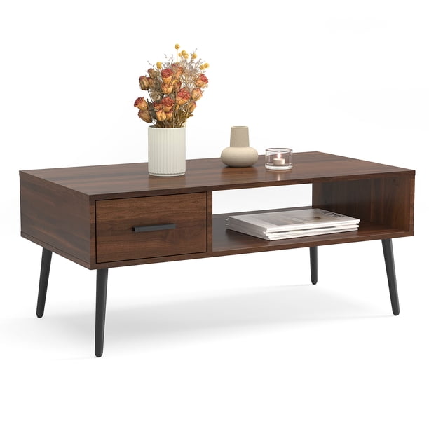 HAIOOU Wooden Mid Century Coffee Table with Drawer,Rectangle Center ...