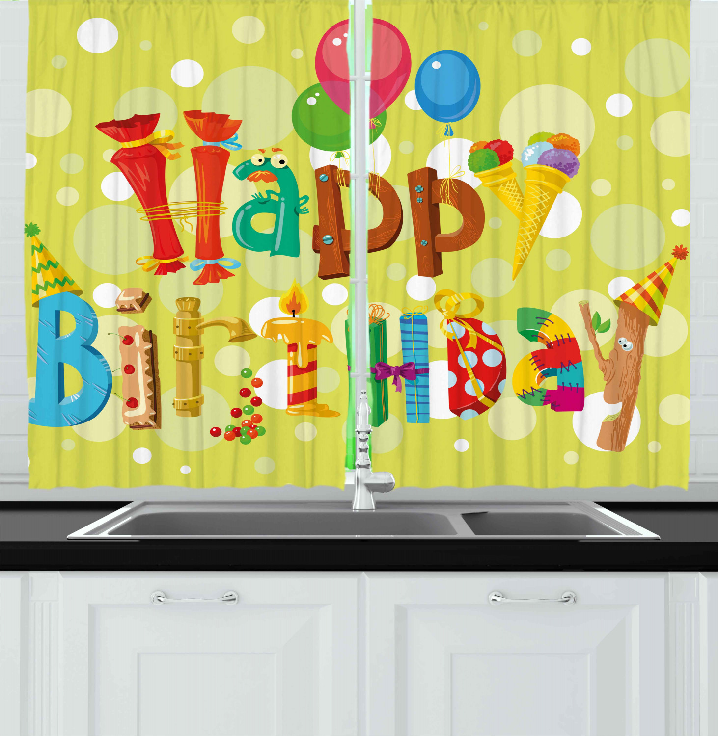 Birthday Curtains 2 Panels Set, Happy Birthday in Cute Shapes Funny ...