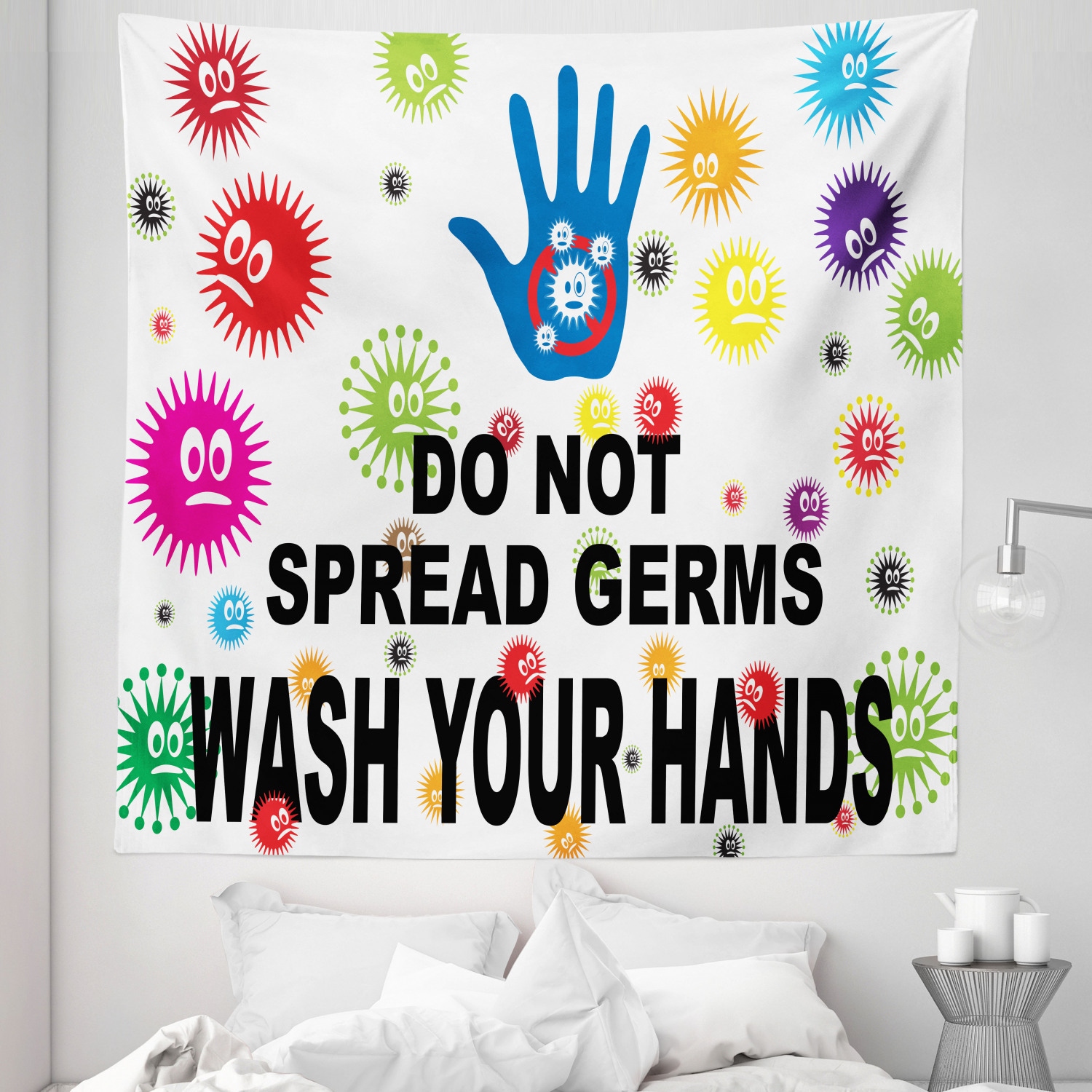 Bathroom Rules Tapestry, Do Not Spread Germs Wash Your Hands Text with ...