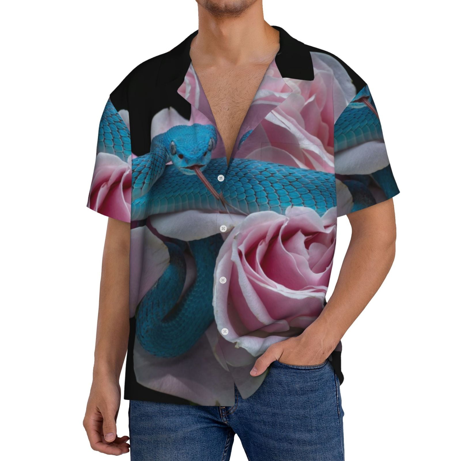 Balery Blue Lipped Pit Viper And Three Pink Roses Camisa Casual de ...