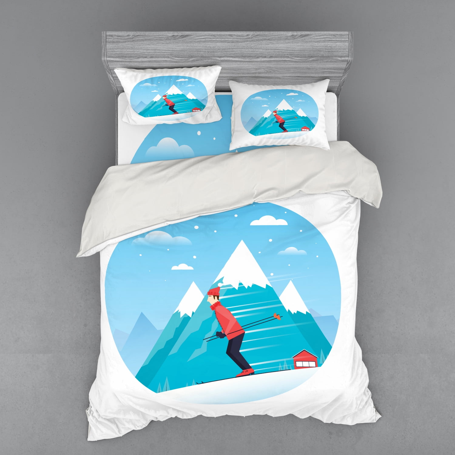 Winter Duvet Cover Set, Man Skiing down the Snowy Hill Hobby Mountains ...