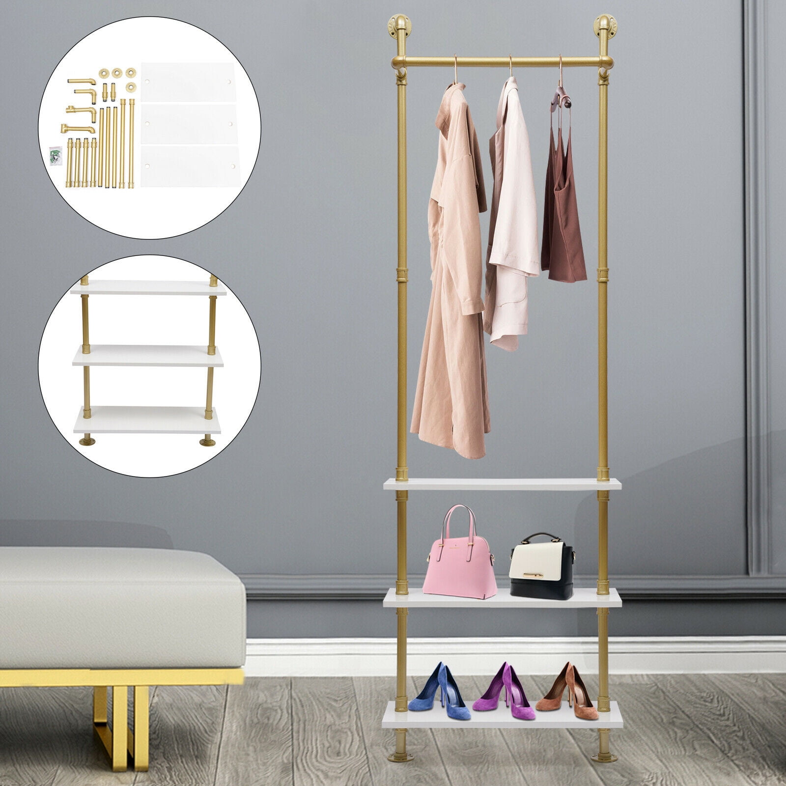 Mkyiongou 3 Tier Industrial Style Garment Rack Stand Clothes Hanger ...