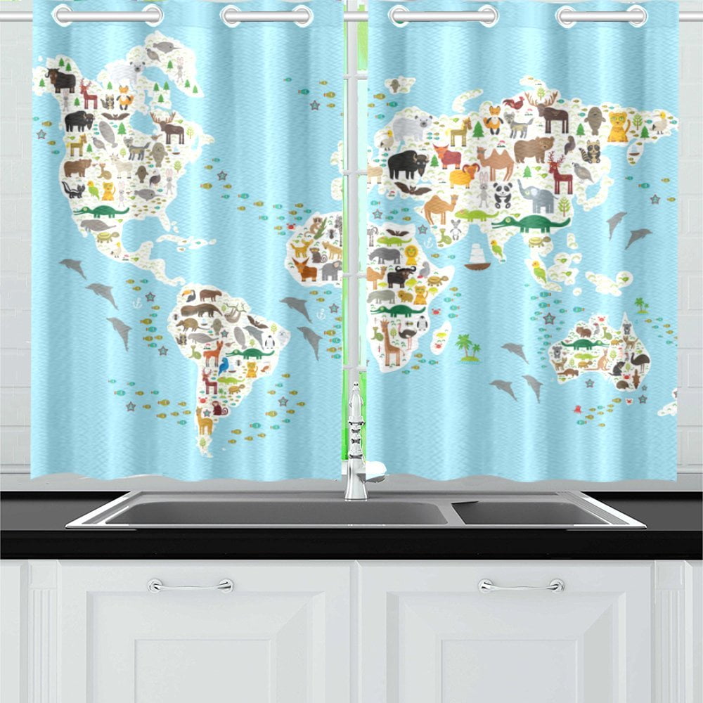 MKHERT World Map Window Curtain Kitchen Curtains Window Treatments ...