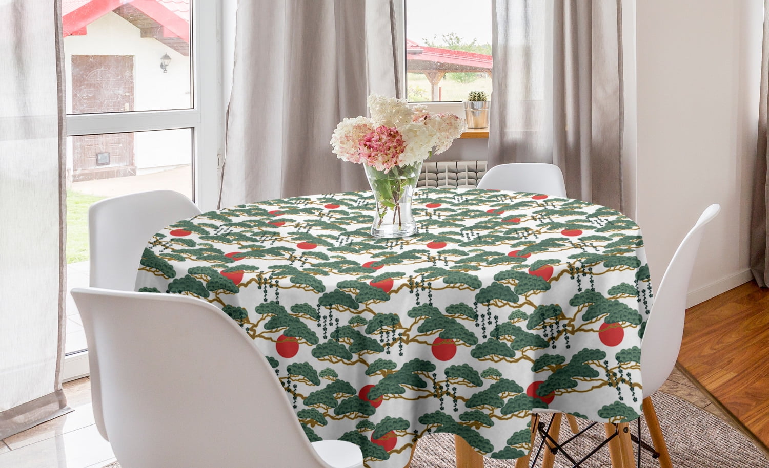 Ethnic Round Tablecloth, Japanese Pattern of Bonsai and Sun Oriental ...
