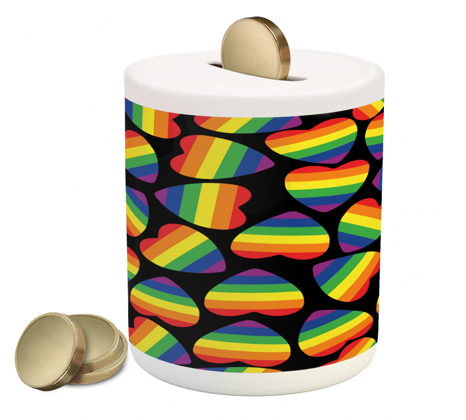 Pride Piggy Bank, Rainbow Colored Striped Heart Shapes on Black ...