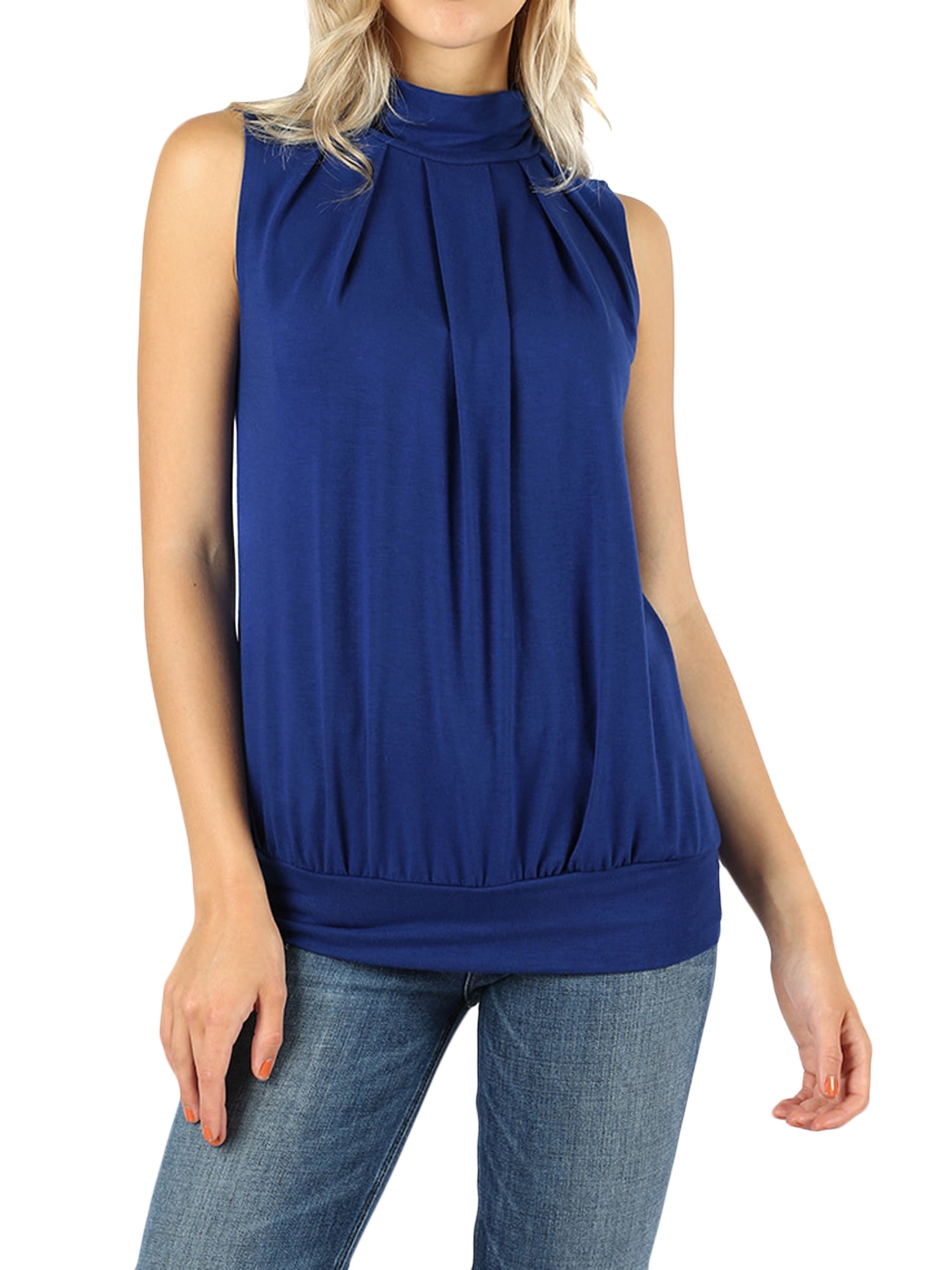 Zenana Women And Plus Sleeveless Mock Turtleneck Pleated Top With Waistband Mid Navy Xl