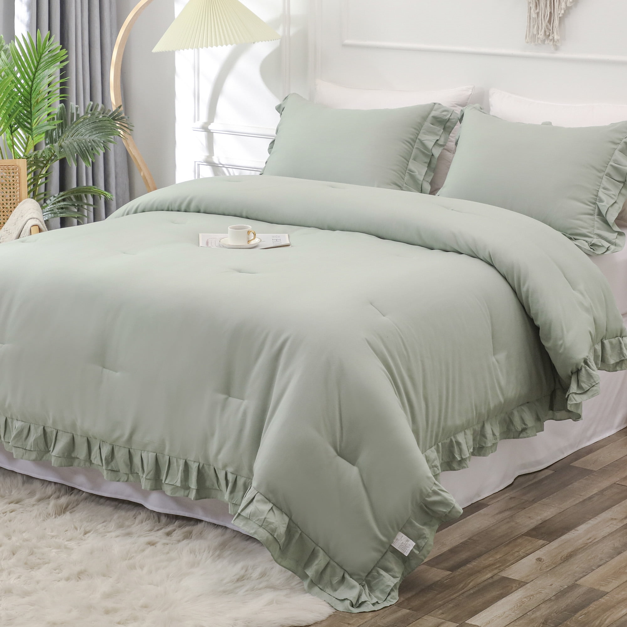 LUCKYBULL Sage Green Double Ruffle Comforter Set Full Size (79x90 Inch ...