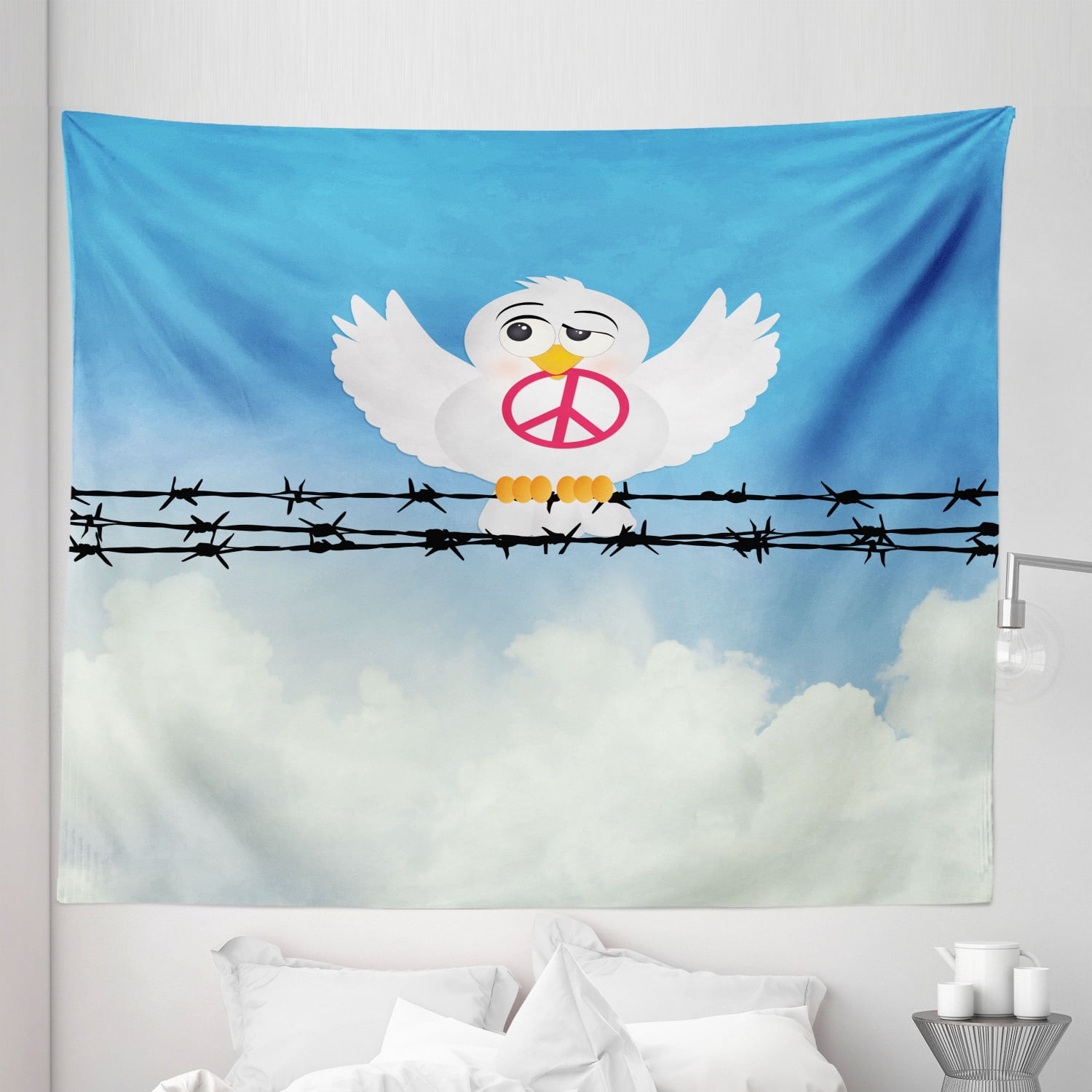 Bird on a Wire Tapestry, Inspirational Cartoon Style Winged Animal ...