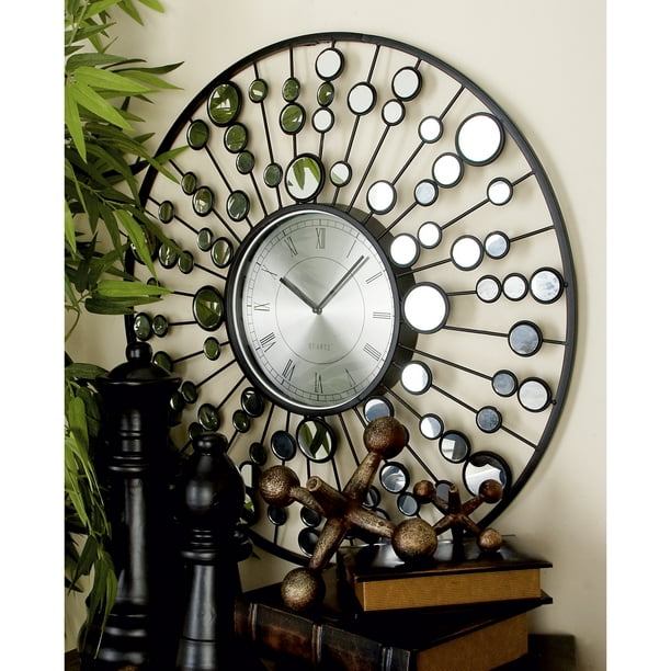 DecMode 26" Black Metal Starburst Radial Wall Clock with Mirrored ...