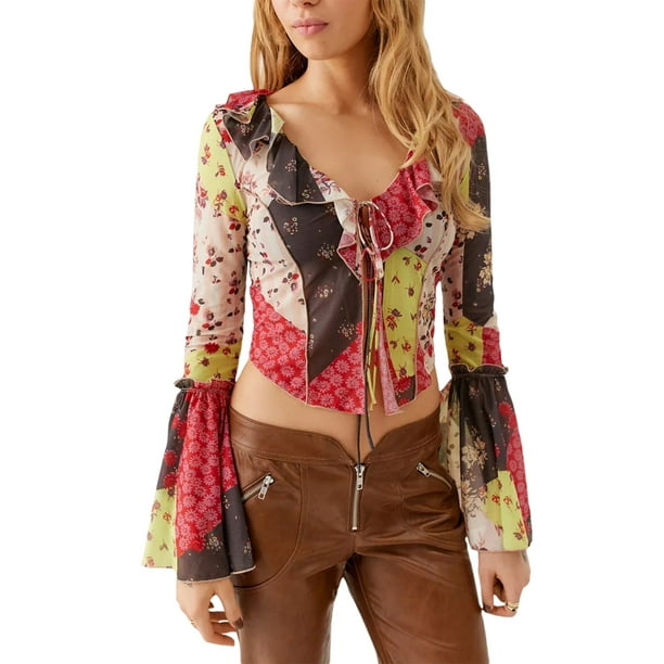 Gupgi Women Ruffles Cardigan Low Cut Top Long Bell Sleeve Open Front