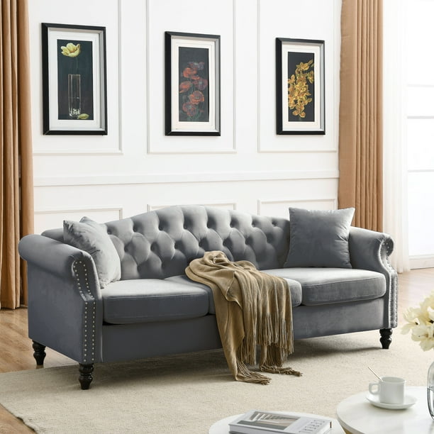 Velvet Couch, 3 Seater Sofa Chesterfield Couch with Rolled Arms and ...
