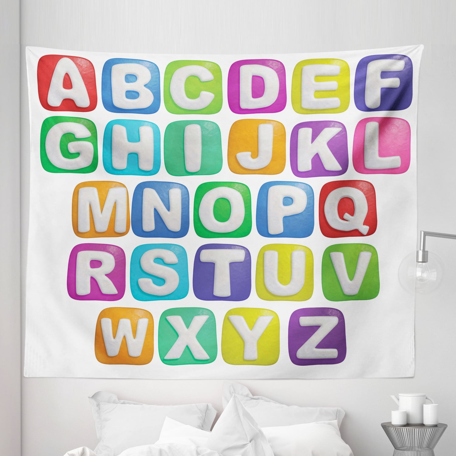 Letter Tapestry, Cartoon Style Colorful Alphabet Squares Design, Fabric ...