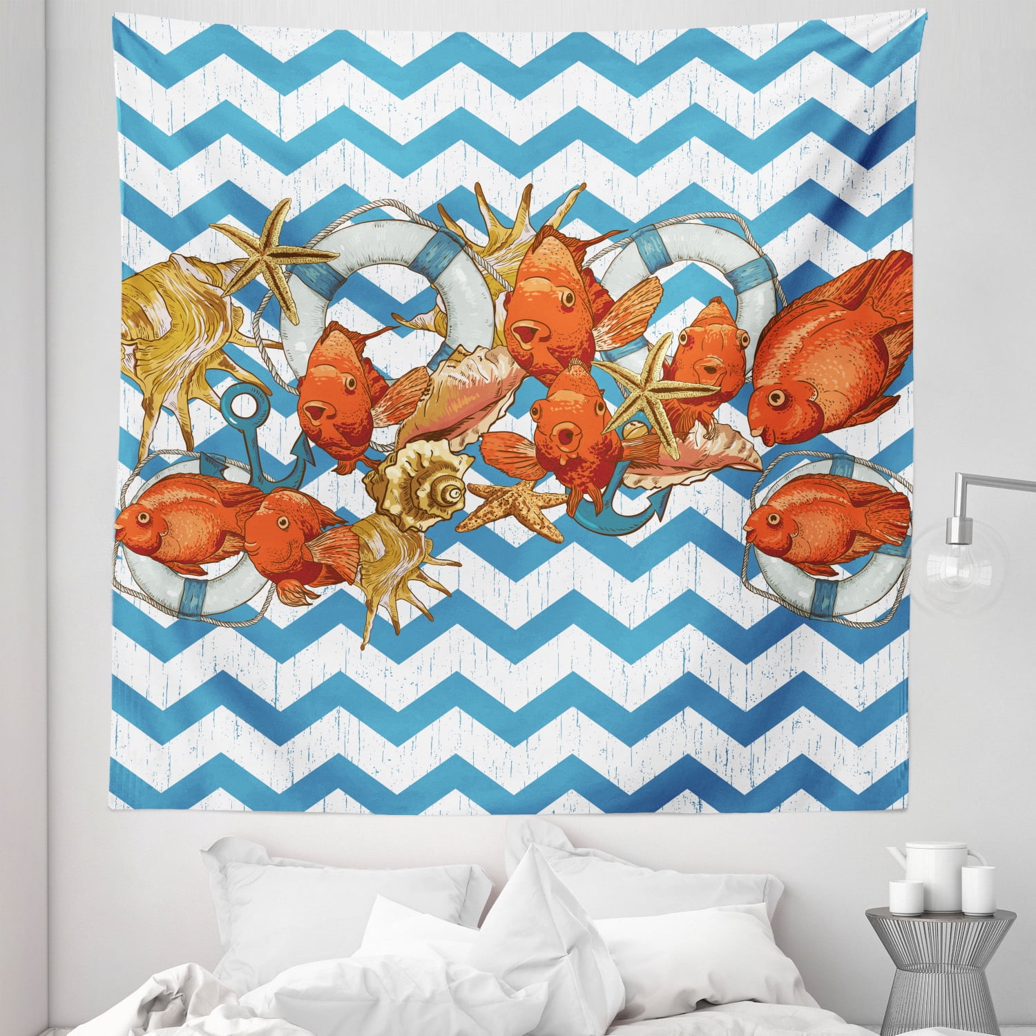 Nautical Tapestry, Several Marine Ahoy Items on Chevrons Gold Fish ...