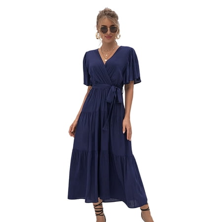 Formal Short Sleeve Cocktail Flowy V-Neck Gown（Navy blue） - Walmart.ca