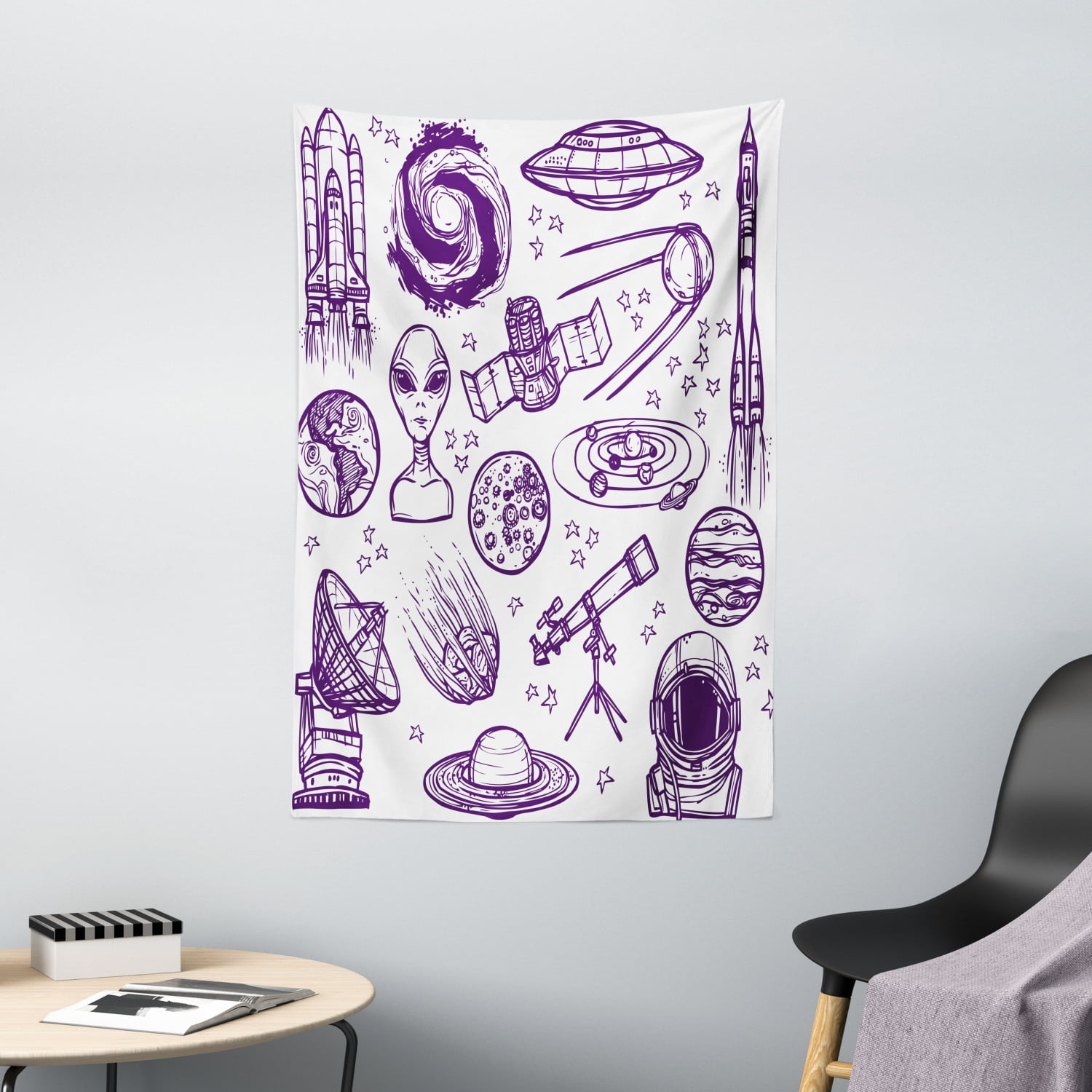 Outer Space Decor Tapestry, Minimalist Space Graphic Satellite Orbit ...