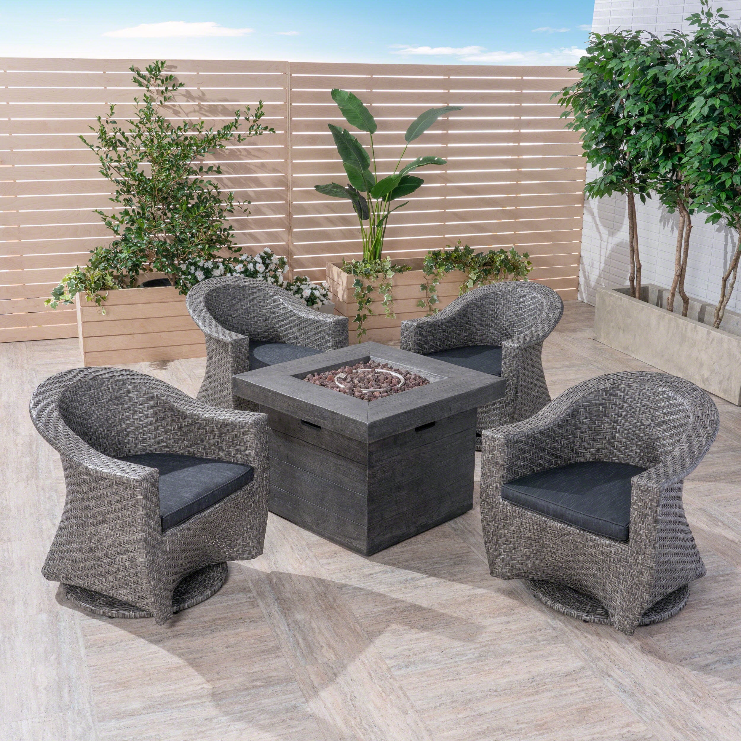 Corinne Outdoor 5 Piece Swivel Wicker Chat Set with Cushions and Fire ...