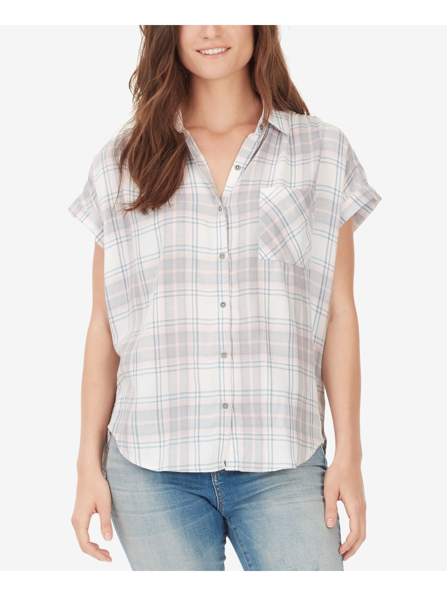 WILLIAM RAST $60 Womens New 1281 Ivory Plaid Button Front Short Sleeve ...