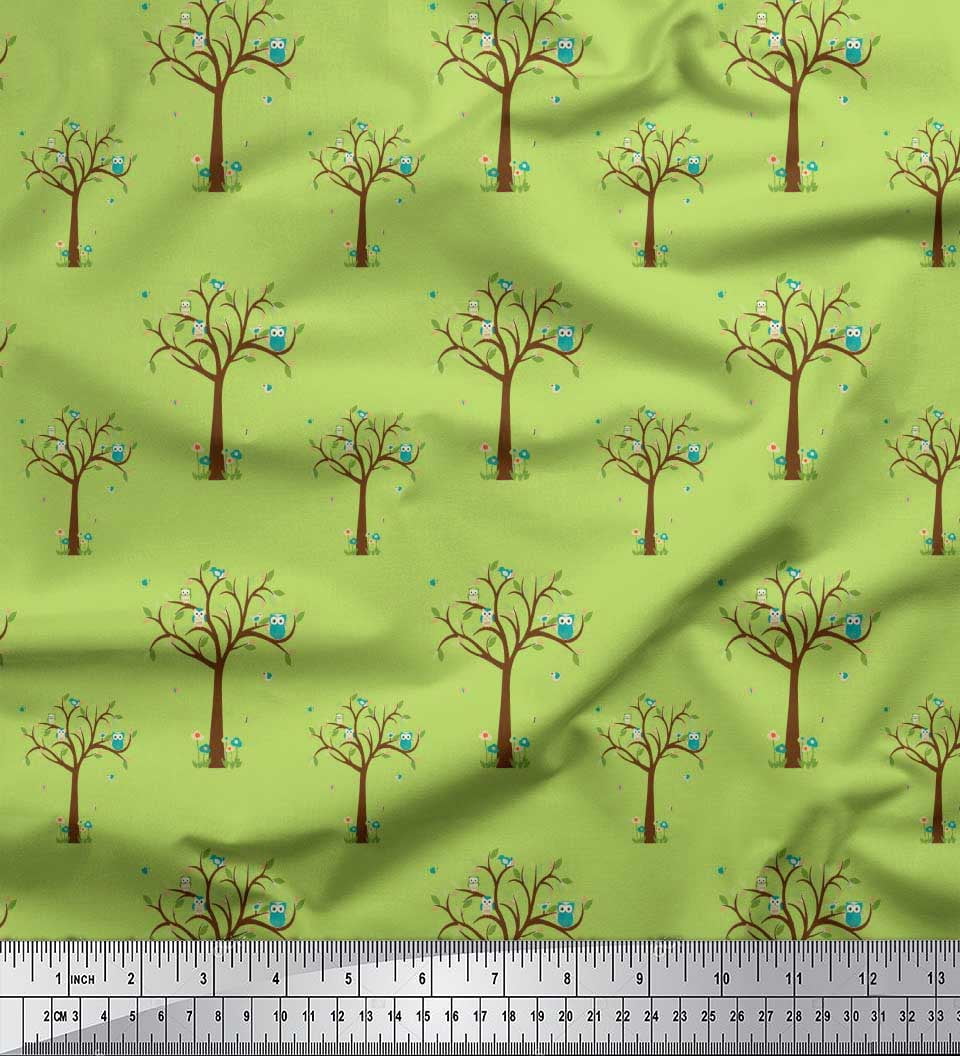 Soimoi Green Satin Silk Fabric Owl,Insect & Tree Fabric Prints by Yard ...